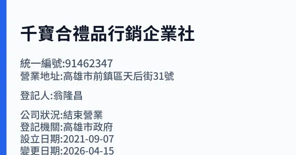 千寶合禮品行銷企業社的照片-統編 91462347(高雄市) 公司登記資料與營業項目詳細圖表