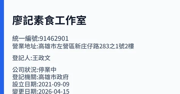 廖記素食工作室的照片-統編 91462901(高雄市) 公司登記資料與營業項目詳細圖表