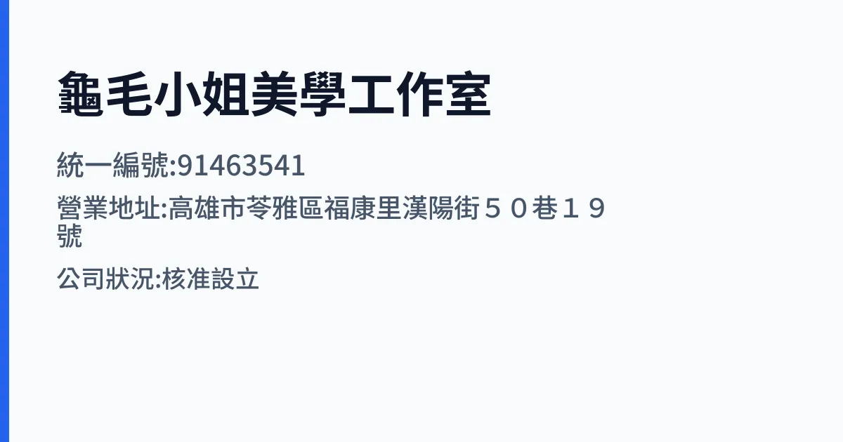 龜毛小姐美學工作室 - 統編 91463541(高雄市) 公司登記資料與營業項目詳細圖表