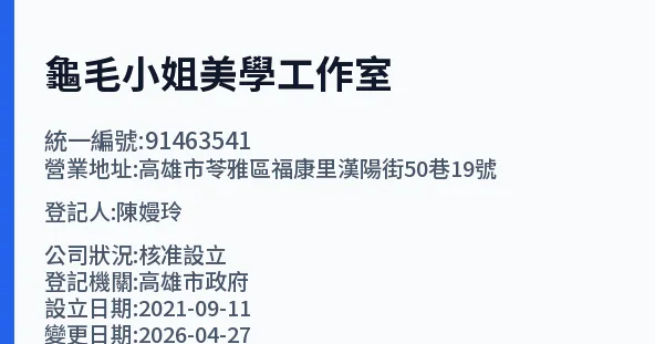 龜毛小姐美學工作室的照片-統編 91463541(高雄市) 公司登記資料與營業項目詳細圖表