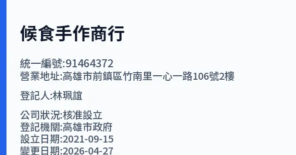 候食手作商行的照片-統編 91464372(高雄市) 公司登記資料與營業項目詳細圖表