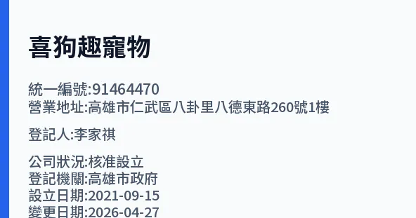 喜狗趣寵物的照片-統編 91464470(高雄市) 公司登記資料與營業項目詳細圖表