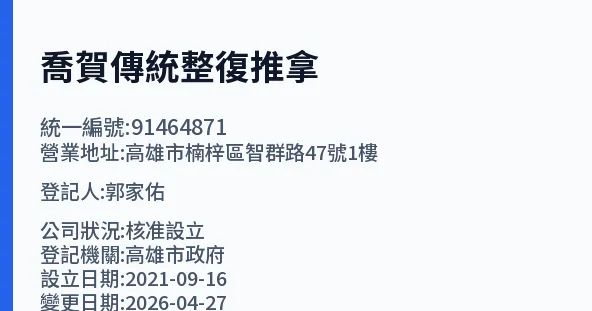 喬賀傳統整復推拿的照片-統編 91464871(高雄市) 公司登記資料與營業項目詳細圖表