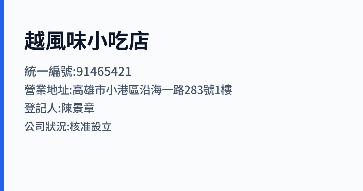 越風味小吃店 - 統編 91465421(高雄市) 公司登記資料與營業項目詳細圖表