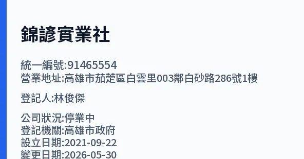 錦諺實業社的照片-統編 91465554(高雄市) 公司登記資料與營業項目詳細圖表