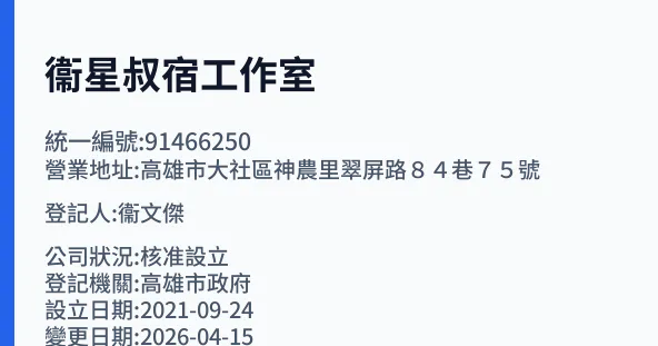 衞星叔宿工作室的照片-統編 91466250(高雄市) 公司登記資料與營業項目詳細圖表
