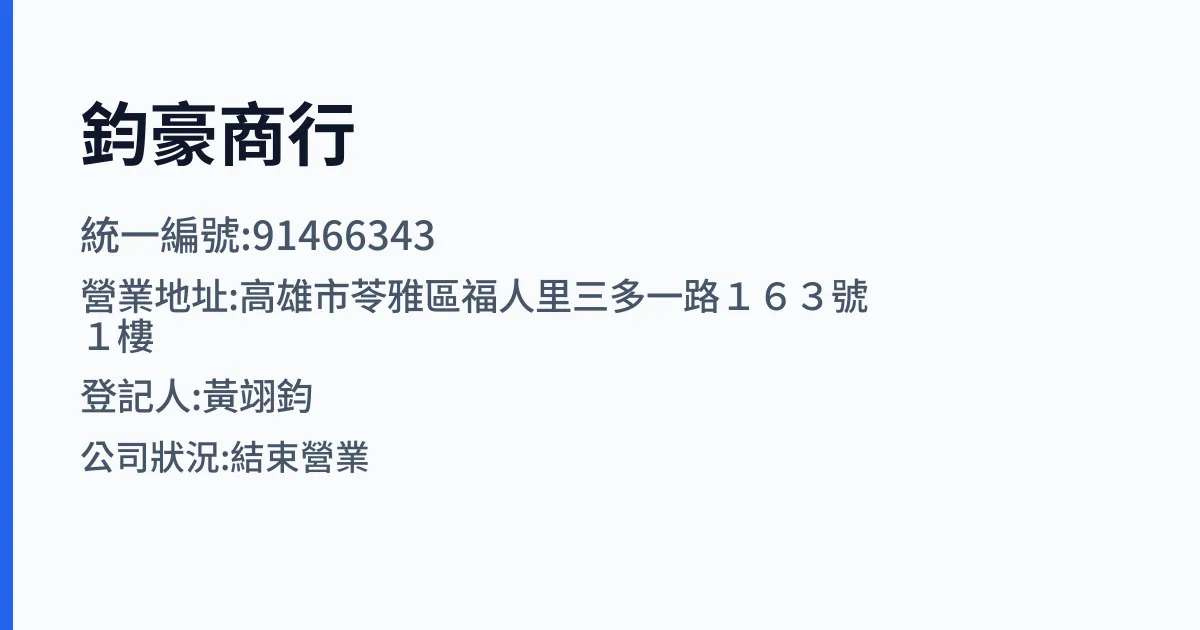 鈞豪商行 - 統編 91466343(高雄市) 公司登記資料與營業項目詳細圖表