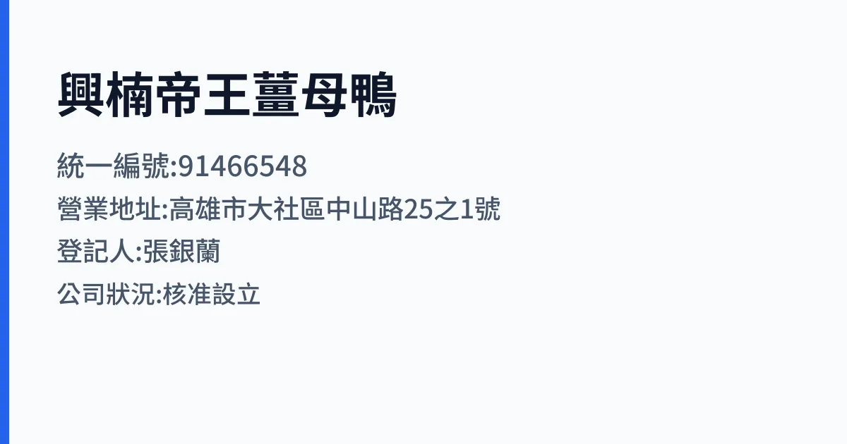 興楠帝王薑母鴨 - 統編 91466548(高雄市) 公司登記資料與營業項目詳細圖表