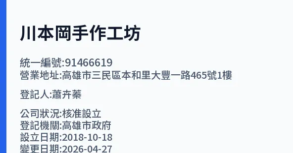 川本岡手作工坊的照片-統編 91466619(高雄市) 公司登記資料與營業項目詳細圖表