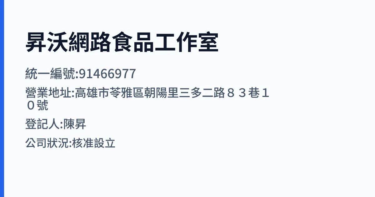 昇沃網路食品工作室 - 統編 91466977(高雄市) 公司登記資料與營業項目詳細圖表