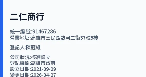 二仁商行的照片-統編 91467286(高雄市) 公司登記資料與營業項目詳細圖表