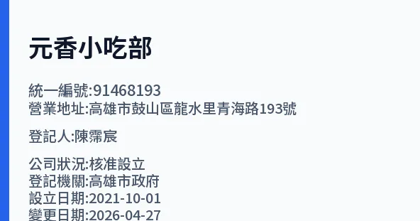 元香小吃部的照片-統編 91468193(高雄市) 公司登記資料與營業項目詳細圖表