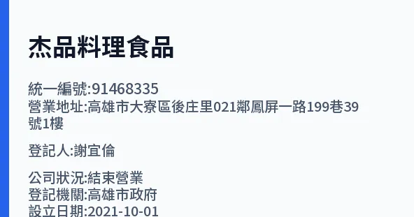 杰品料理食品的照片-統編 91468335(高雄市) 公司登記資料與營業項目詳細圖表