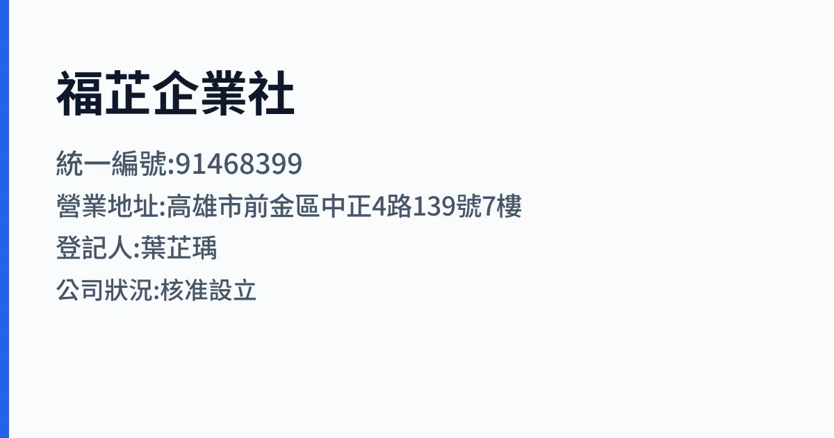 福芷企業社 - 統編 91468399(高雄市) 公司登記資料與營業項目詳細圖表