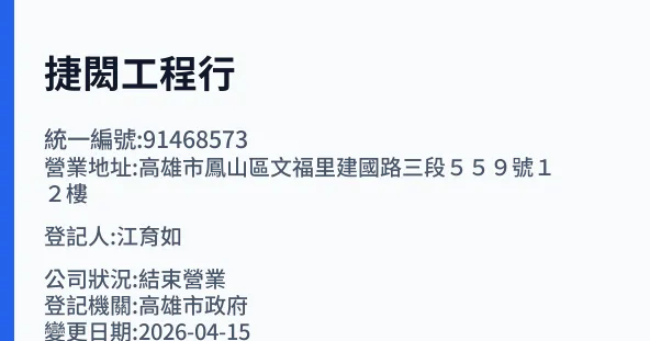 捷閎工程行的照片-統編 91468573(高雄市) 公司登記資料與營業項目詳細圖表