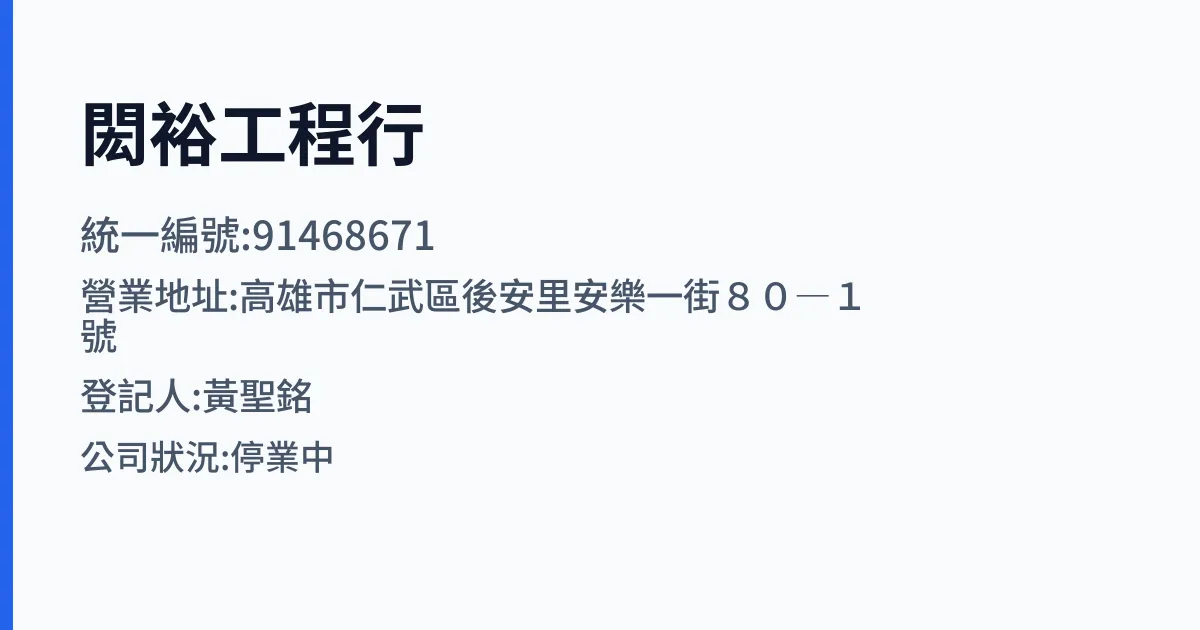 閎裕工程行 - 統編 91468671(高雄市) 公司登記資料與營業項目詳細圖表
