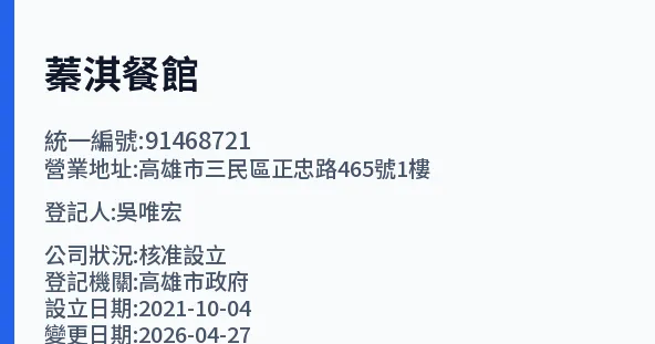 蓁淇餐館的照片-統編 91468721(高雄市) 公司登記資料與營業項目詳細圖表