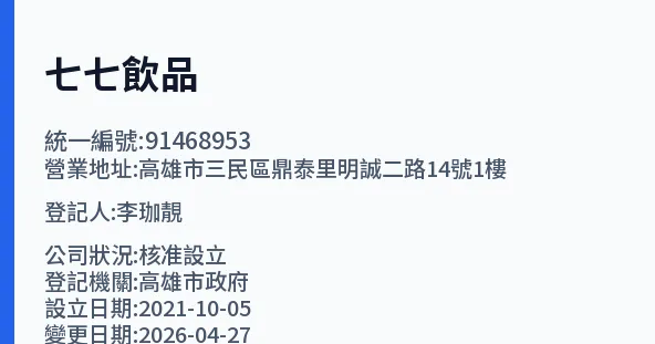 七七飲品的照片-統編 91468953(高雄市) 公司登記資料與營業項目詳細圖表