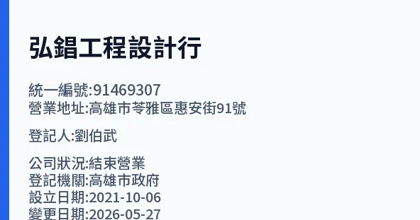 弘錩工程設計行的照片-統編 91469307(高雄市) 公司登記資料與營業項目詳細圖表