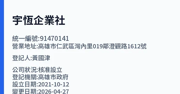 宇恆企業社的照片-統編 91470141(高雄市) 公司登記資料與營業項目詳細圖表