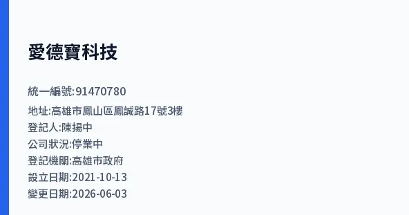 愛德寶科技的照片-統編 91470780(高雄市) 公司登記資料與營業項目詳細圖表