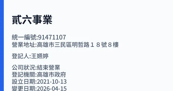 貳六事業的照片-統編 91471107(高雄市) 公司登記資料與營業項目詳細圖表