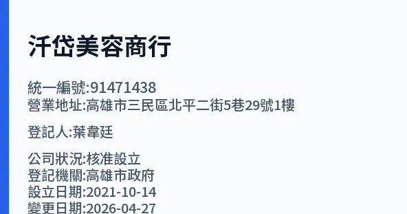 汘岱美容商行的照片-統編 91471438(高雄市) 公司登記資料與營業項目詳細圖表