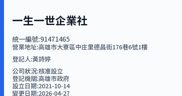 一生一世企業社的照片-統編 91471465(高雄市) 公司登記資料與營業項目詳細圖表