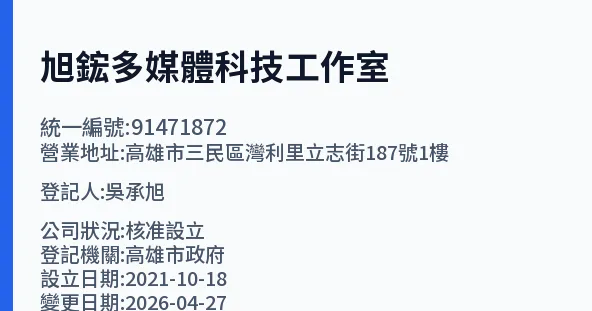 旭鋐多媒體科技工作室的照片-統編 91471872(高雄市) 公司登記資料與營業項目詳細圖表