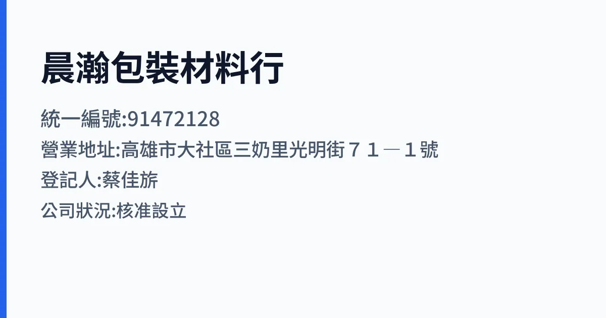 晨瀚包裝材料行 - 統編 91472128(高雄市) 公司登記資料與營業項目詳細圖表