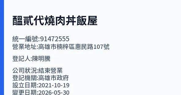 醞貳代燒肉丼飯屋的照片-統編 91472555(高雄市) 公司登記資料與營業項目詳細圖表