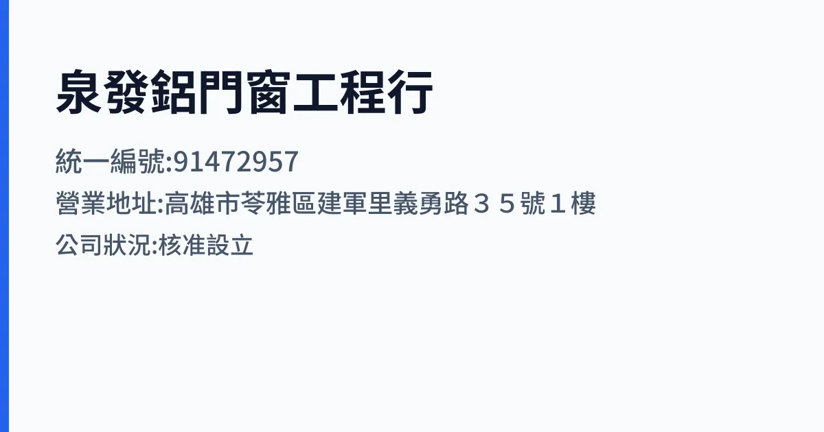 泉發鋁門窗工程行 - 統編 91472957(高雄市) 公司登記資料與營業項目詳細圖表