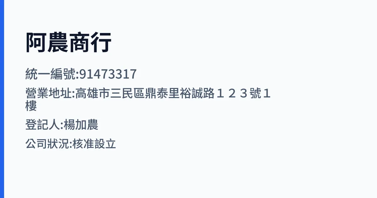 阿農商行 - 統編 91473317(高雄市) 公司登記資料與營業項目詳細圖表