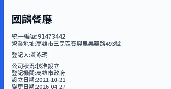 國麟餐廳的照片-統編 91473442(高雄市) 公司登記資料與營業項目詳細圖表