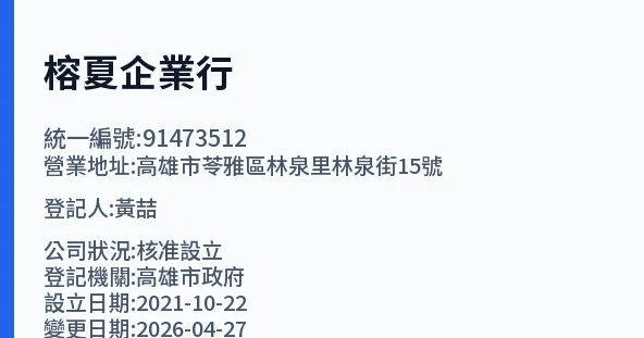 榕夏企業行的照片-統編 91473512(高雄市) 公司登記資料與營業項目詳細圖表