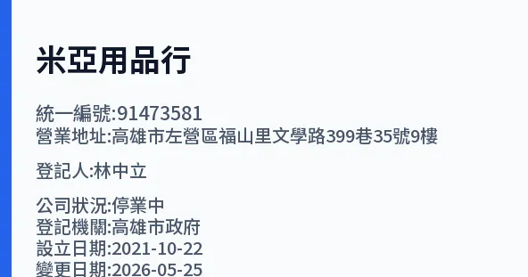 米亞用品行的照片-統編 91473581(高雄市) 公司登記資料與營業項目詳細圖表