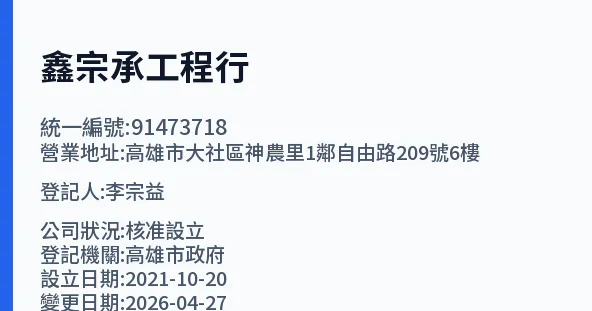 鑫宗承工程行的照片-統編 91473718(高雄市) 公司登記資料與營業項目詳細圖表