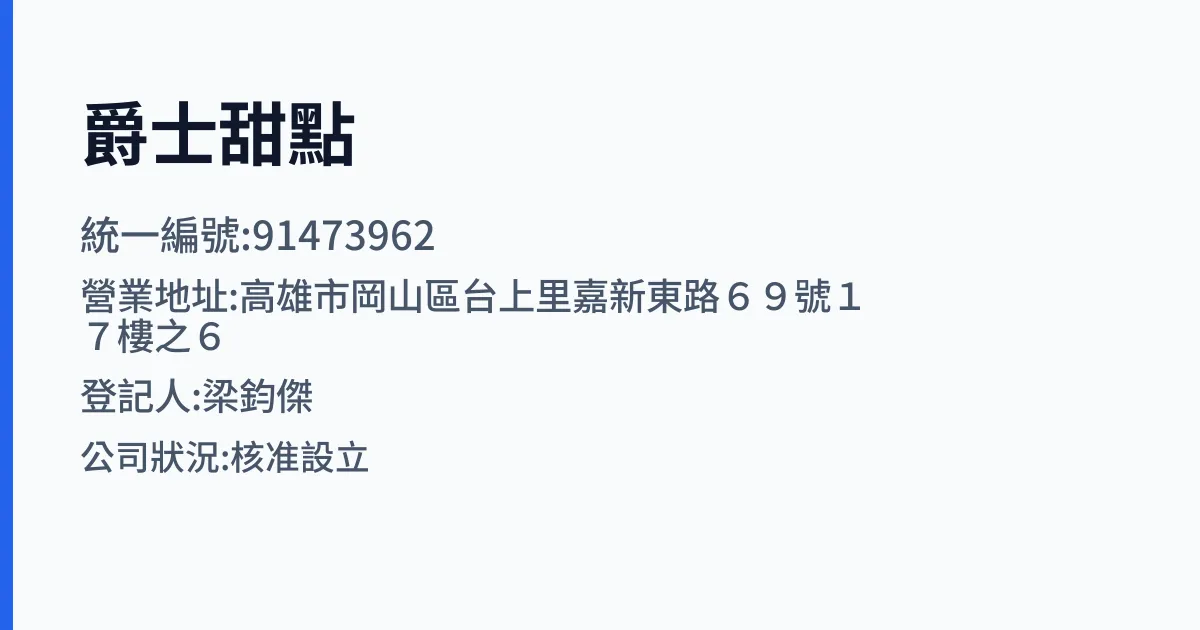 爵士甜點 - 統編 91473962(高雄市) 公司登記資料與營業項目詳細圖表