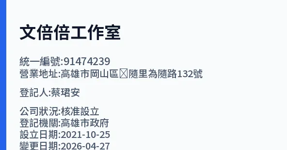 文倍倍工作室的照片-統編 91474239(高雄市) 公司登記資料與營業項目詳細圖表