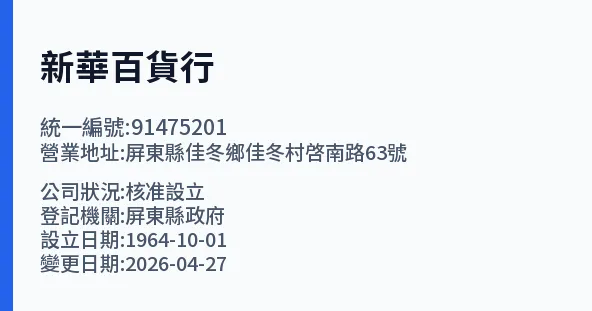 新華百貨行的照片-統編 91475201(屏東縣) 公司登記資料與營業項目詳細圖表