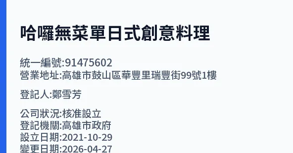 哈囉無菜單日式創意料理的照片-統編 91475602(高雄市) 公司登記資料與營業項目詳細圖表
