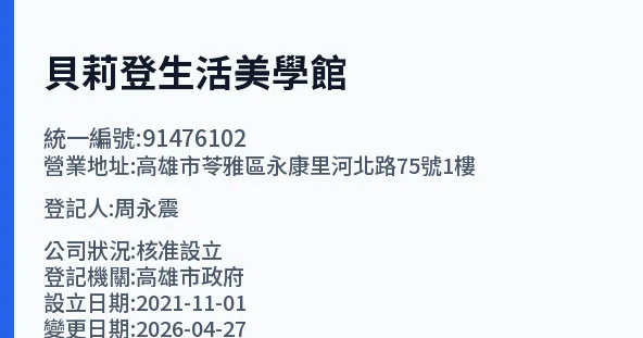 貝莉登生活美學館的照片-統編 91476102(高雄市) 公司登記資料與營業項目詳細圖表