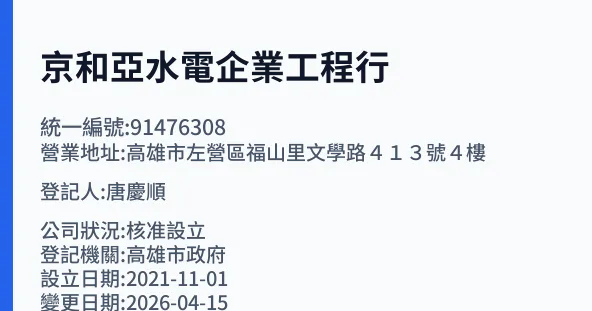 京和亞水電企業工程行的照片-統編 91476308(高雄市) 公司登記資料與營業項目詳細圖表