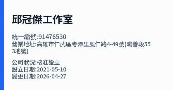 邱冠傑工作室的照片-統編 91476530(高雄市) 公司登記資料與營業項目詳細圖表