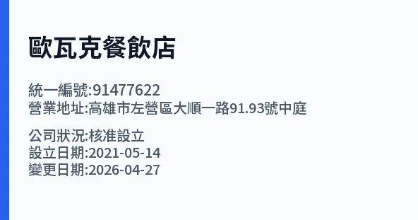 歐瓦克餐飲店的照片-統編 91477622(高雄市) 公司登記資料與營業項目詳細圖表