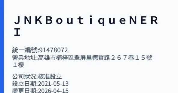 ＪＮＫＢｏｕｔｉｑｕｅＮＥＲＩ的照片-統編 91478072(高雄市) 公司登記資料與營業項目詳細圖表