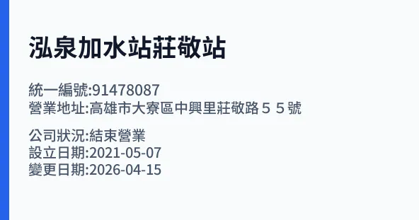 泓泉加水站莊敬站的照片-統編 91478087(高雄市) 公司登記資料與營業項目詳細圖表