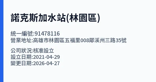 諾克斯加水站(林園區)的照片-統編 91478116(高雄市) 公司登記資料與營業項目詳細圖表