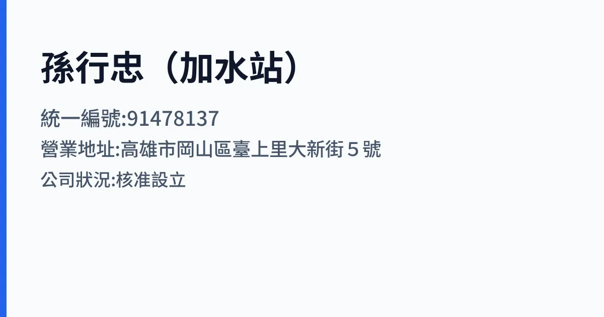 孫行忠（加水站） - 統編 91478137(高雄市) 公司登記資料與營業項目詳細圖表