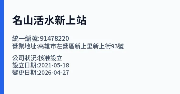 名山活水新上站的照片-統編 91478220(高雄市) 公司登記資料與營業項目詳細圖表